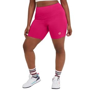 champion, authentic, moisture wicking, bike shorts for women, 8" (plus size), strawberry rouge c logo