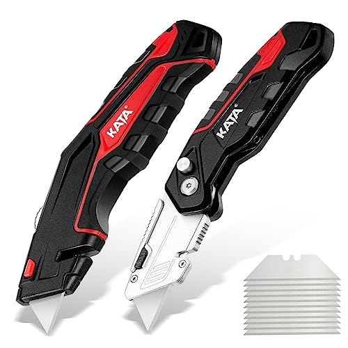 KATA 2Pack Utility Knife Box Cutter Retractable Folding Razor Knife Set Heavy Dudy Safety Cutter, 10pcs SK5 Sharp Blades Included, Red