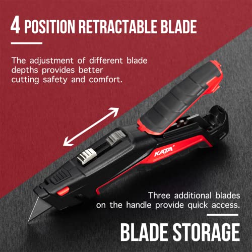 KATA 2Pack Utility Knife Box Cutter Retractable Folding Razor Knife Set Heavy Dudy Safety Cutter, 10pcs SK5 Sharp Blades Included, Red