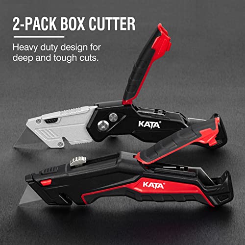 KATA 2Pack Utility Knife Box Cutter Retractable Folding Razor Knife Set Heavy Dudy Safety Cutter, 10pcs SK5 Sharp Blades Included, Red