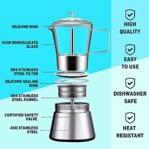 SIXAQUAE Greca Moka Induction Stovetop Espresso Maker,Glass-top & Stainless Steel Espresso Moka Pot,Classic Italian coffee maker,240ml(6cup)