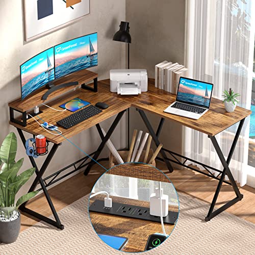 GreenForest L Shaped Desk with Power Outlets, 50.6 Inches Reversible Small Corner Computer Desk with Monitor Stand, Home Office Gaming Desk with Headphone Hook, Cup Holder, Walnut