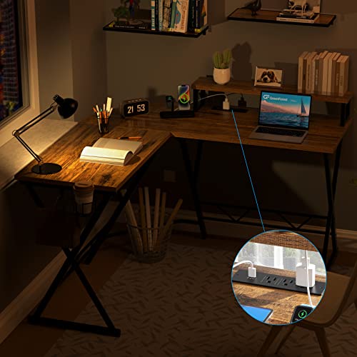 GreenForest L Shaped Desk with Power Outlets, 50.6 Inches Reversible Small Corner Computer Desk with Monitor Stand, Home Office Gaming Desk with Headphone Hook, Cup Holder, Walnut