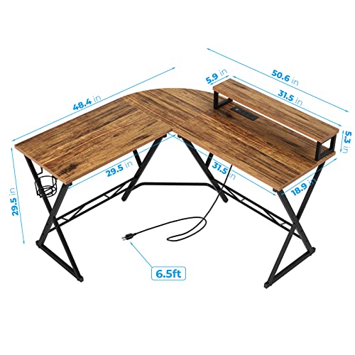 GreenForest L Shaped Desk with Power Outlets, 50.6 Inches Reversible Small Corner Computer Desk with Monitor Stand, Home Office Gaming Desk with Headphone Hook, Cup Holder, Walnut