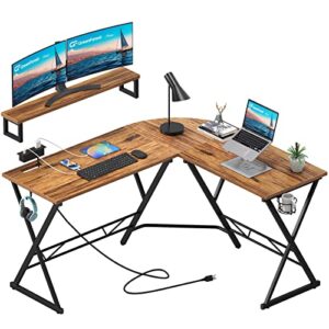 GreenForest L Shaped Desk with Power Outlets, 50.6 Inches Reversible Small Corner Computer Desk with Monitor Stand, Home Office Gaming Desk with Headphone Hook, Cup Holder, Walnut