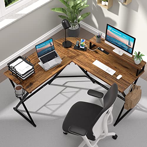 GreenForest L Shaped Desk with Power Outlets, 50.6 Inches Reversible Small Corner Computer Desk with Monitor Stand, Home Office Gaming Desk with Headphone Hook, Cup Holder, Walnut