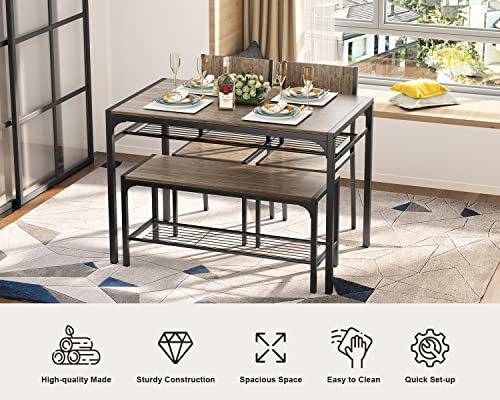 Gizoon Kitchen Table and 2 Chairs for 4 with Bench, 4 Piece Dining Table Set for Small Space, Apartment (Grey)