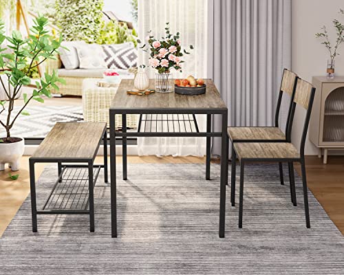 Gizoon Kitchen Table and 2 Chairs for 4 with Bench, 4 Piece Dining Table Set for Small Space, Apartment (Grey)