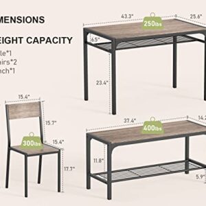 Gizoon Kitchen Table and 2 Chairs for 4 with Bench, 4 Piece Dining Table Set for Small Space, Apartment (Grey)