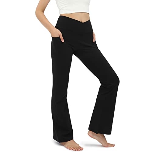 COPYLEAF Women's Flare Yogo Pants with Pockets-V Crossover High Waisted Bootcut Yoga Leggings-Flare Bell Bottom Workout Gym Leggings Black