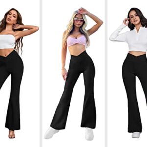 COPYLEAF Women's Flare Yogo Pants with Pockets-V Crossover High Waisted Bootcut Yoga Leggings-Flare Bell Bottom Workout Gym Leggings Black