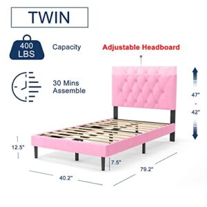 Molblly Twin Size Platform Bed Frame with Adjustable Headboard, Flannel Fabric Wrap, Strong Frame and Wooden Slats Support, No Box Spring Needed, Non-Slip and Noise-Free, Easy Assembly, Pink