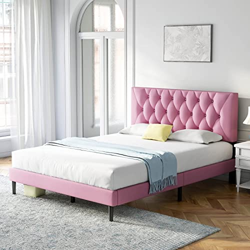 Molblly Twin Size Platform Bed Frame with Adjustable Headboard, Flannel Fabric Wrap, Strong Frame and Wooden Slats Support, No Box Spring Needed, Non-Slip and Noise-Free, Easy Assembly, Pink