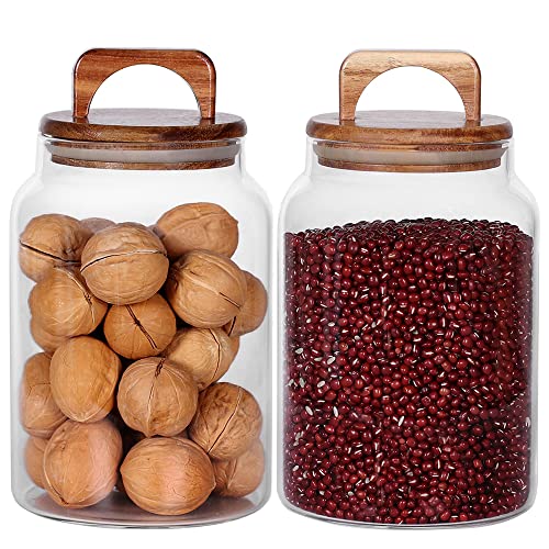 SAIOOL Canister Set of 2, Glass Kitchen Canisters with Airtight Acacia Lid, Tall Clear Airtight Food Storage Jar, Kitchen Pantry Storage Container for Noodles Flour Cereal Coffee