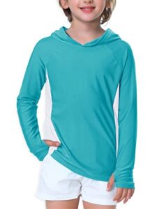 kids hooded swim shirt long sleeve boys girls solid color rash guard tops uv protective athletic shirts aqua white 7-8 years