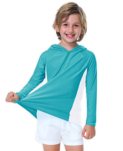 Kids Hooded Swim Shirt Long Sleeve Boys Girls Solid Color Rash Guard Tops Uv Protective Athletic Shirts Aqua White 7-8 Years