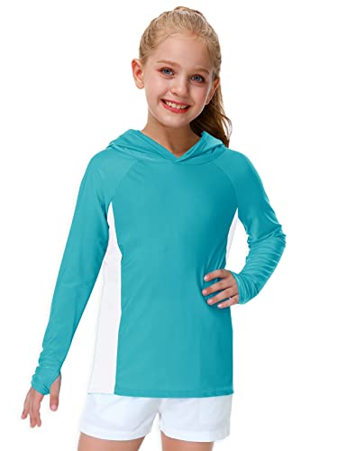 Kids Hooded Swim Shirt Long Sleeve Boys Girls Solid Color Rash Guard Tops Uv Protective Athletic Shirts Aqua White 7-8 Years