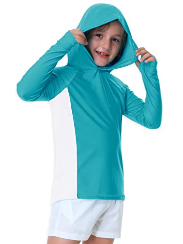 Kids Hooded Swim Shirt Long Sleeve Boys Girls Solid Color Rash Guard Tops Uv Protective Athletic Shirts Aqua White 7-8 Years