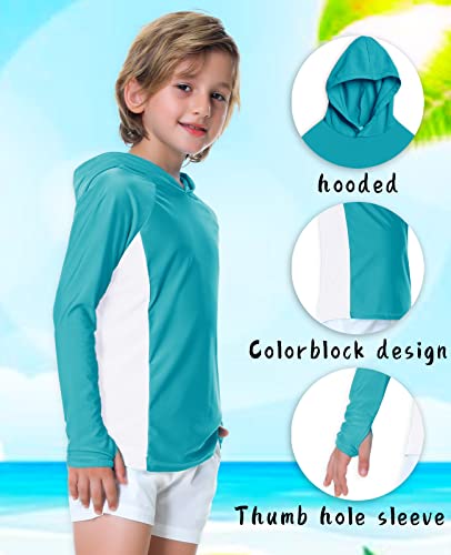 Kids Hooded Swim Shirt Long Sleeve Boys Girls Solid Color Rash Guard Tops Uv Protective Athletic Shirts Aqua White 7-8 Years