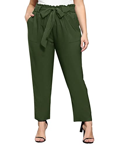 KIMCURVY Paper Bag Pants for Women High Waist Plus Size Pencil Pants for Work Army Green 18W