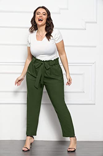 KIMCURVY Paper Bag Pants for Women High Waist Plus Size Pencil Pants for Work Army Green 18W