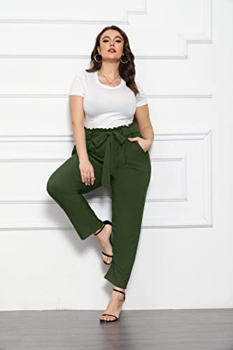 KIMCURVY Paper Bag Pants for Women High Waist Plus Size Pencil Pants for Work Army Green 18W