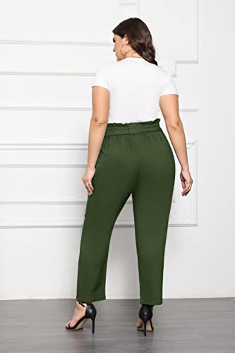 KIMCURVY Paper Bag Pants for Women High Waist Plus Size Pencil Pants for Work Army Green 18W