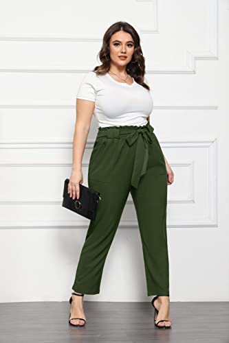 KIMCURVY Paper Bag Pants for Women High Waist Plus Size Pencil Pants for Work Army Green 18W