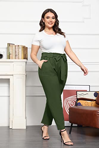 KIMCURVY Paper Bag Pants for Women High Waist Plus Size Pencil Pants for Work Army Green 18W