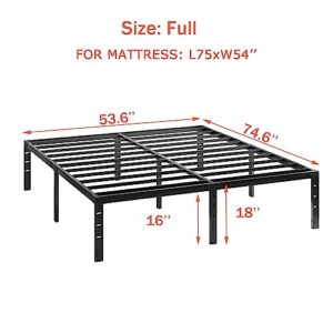 zunatu 18 Inch Full Metal Bed Frame Foundation No Box Spring Needed Heavy Duty Tall Platform with Large Storage Easy Assembly Mattress Noise Free, Black