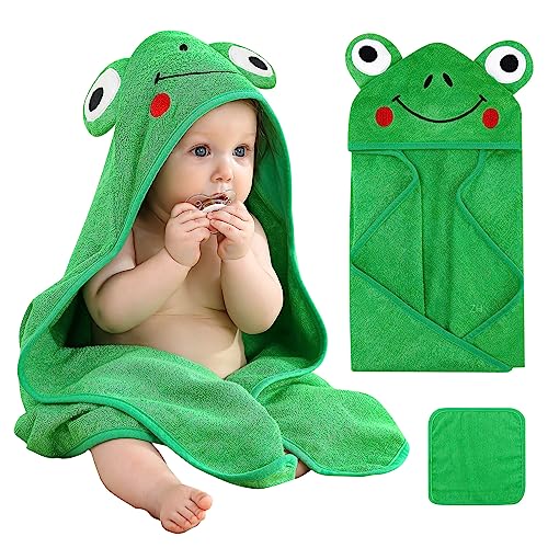 SYNPOS Hooded Baby Towel Set - Ultra Soft & Absorbent Bamboo Cotton Bath Towel and Washcloth - Perfect Newborn Essential Cute Frog Design - 30 x 30 Inch