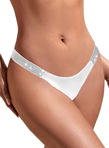 EVELUST Women's Sexy Bikini Rhinestone Studded Panty, Bling Thongs Glitter Stretch G-strings One Piece Underwear(White, S, 1028e)