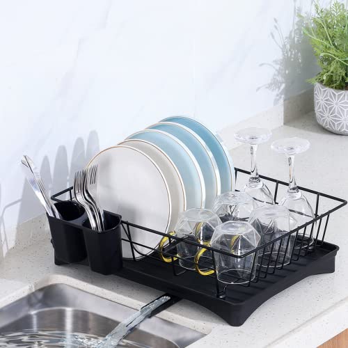 Demeliy Dish Drying Rack, Dish Rack with Drainboard & Utensil Holder, 360°Automatic Water Oulet Dish Racks Drainers for Kitchen Organization, Kitchen Counter, Durable Drying Rack for Dishes, Knives