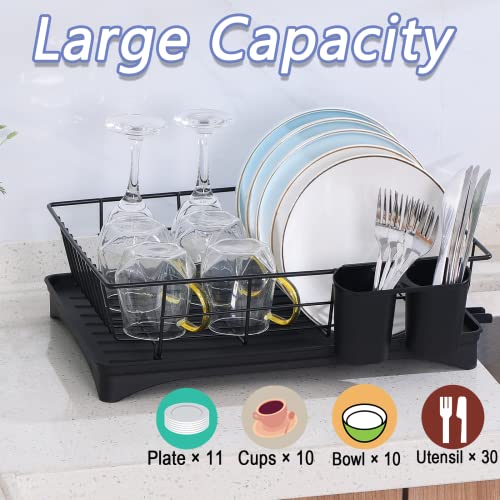 Demeliy Dish Drying Rack, Dish Rack with Drainboard & Utensil Holder, 360°Automatic Water Oulet Dish Racks Drainers for Kitchen Organization, Kitchen Counter, Durable Drying Rack for Dishes, Knives