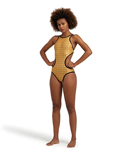 Arena Women's Standard Single Design Seamless One Piece Swimsuit, Gold-Multi Black, 34