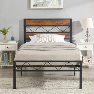 vecelo twin size bed frame with rustic vintage wood headboard, metal slats support, industrial platform mattress foundation no box spring needed, noise-free, easy assembly