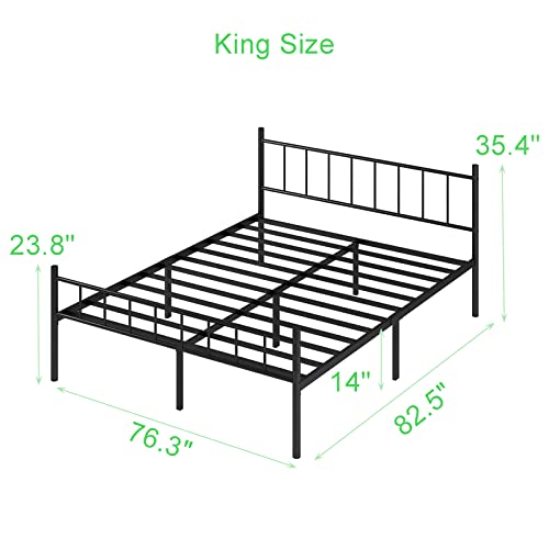 DIIYIV 14 Inch King Metal Platform Bed Frame with Headboard,Mattress Foundation,Steel Slat Support,Under Bed Storage,No Box Spring Needed,King Size Bed Frame,Black