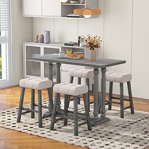 Merax 5-Piece Dining Set, Counter Height Kitchen Furniture with a Rustic Table and 4 Upholstered Stools, Grey_5pcs