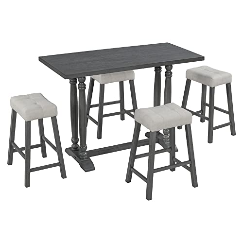 Merax 5-Piece Dining Set, Counter Height Kitchen Furniture with a Rustic Table and 4 Upholstered Stools, Grey_5pcs