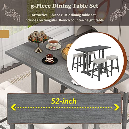 Merax 5-Piece Dining Set, Counter Height Kitchen Furniture with a Rustic Table and 4 Upholstered Stools, Grey_5pcs