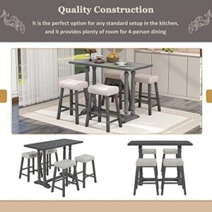 Merax 5-Piece Dining Set, Counter Height Kitchen Furniture with a Rustic Table and 4 Upholstered Stools, Grey_5pcs