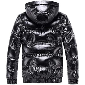 Dgoopd Winter Warm Men Puffer Coat Waterproof Lightweight Down Jacket Shiny Hooded Reflective Down Jacket Padded Jacket Coat Black