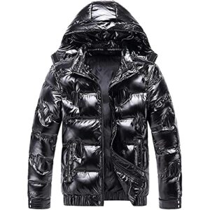 Dgoopd Winter Warm Men Puffer Coat Waterproof Lightweight Down Jacket Shiny Hooded Reflective Down Jacket Padded Jacket Coat Black