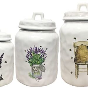 First of a Kind - Set of 3 Stoneware Canisters with Beehive, Lavender, and Bees - Decorative Kitchen Canister Sets - Ceramic Food Canister Jars for Tea, Sugar & Flour Storage