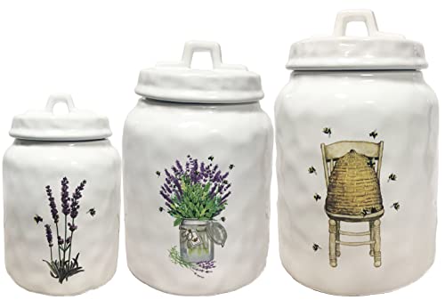 First of a Kind - Set of 3 Stoneware Canisters with Beehive, Lavender, and Bees - Decorative Kitchen Canister Sets - Ceramic Food Canister Jars for Tea, Sugar & Flour Storage