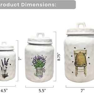 First of a Kind - Set of 3 Stoneware Canisters with Beehive, Lavender, and Bees - Decorative Kitchen Canister Sets - Ceramic Food Canister Jars for Tea, Sugar & Flour Storage