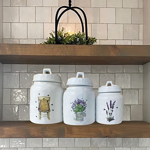 First of a Kind - Set of 3 Stoneware Canisters with Beehive, Lavender, and Bees - Decorative Kitchen Canister Sets - Ceramic Food Canister Jars for Tea, Sugar & Flour Storage