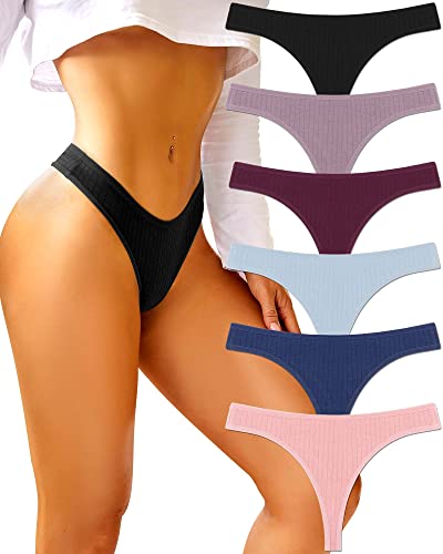 FINETOO 6 Pack Cotton Thongs for Women Breathable Low Rise Bikini Panties Womens Thong Underwear Sexy S-XL