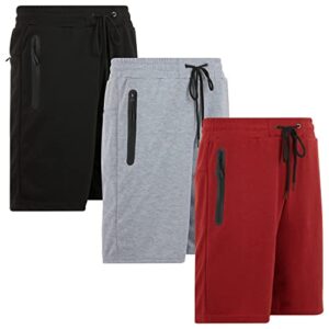 PURE CHAMP Mens Shorts 3 Pack Tech Fleece Gym Shorts for Men Athletic Workout Shorts with Zipper Pocket and Drawstring Size XS-3XL(SET-02 L)