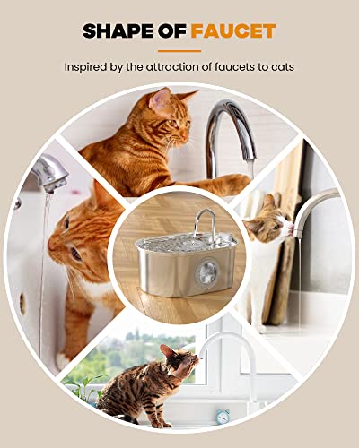 SOOFPET Cat Water Fountain with Water Level Window, 108oz/3.2L Water Fountain for Cats Inside, Stainless Steel Pet Water Fountain Dog Water Dispenser, Faucet Shape, Quiet Pump, for Dogs and Cats